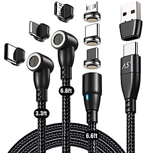 A.S 9 PIN USB Magnetic Charging Cable PD 60W [3 Pack,3ft/6ft/6ft] - Type C Magnetic Charger Fast Charging - Magnetic Phone Charger Cord - Nylon-Braided Data Syns for USB C/Micro USB/i-Product