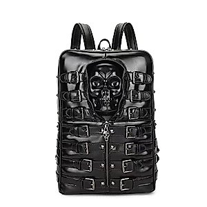 AMVIKS 3D Black Skull Backpack for Men,PU Leather Unisex Punk Style Travel Back Packs,Rivet Large Bags