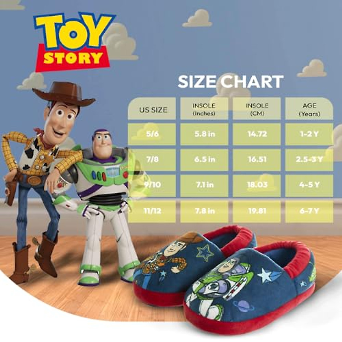 Disney Toy Story Slippers - Buzz Lightyear and Sheriff Woody Fuzzy PJ House Shoes - Boys Pajama Indoor Warm Slipper - Navy Blue/Red (size 7-8 Toddler)