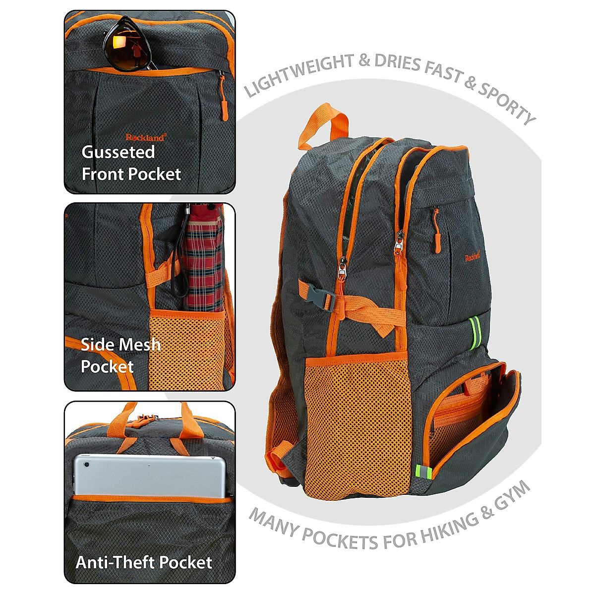 Rockland Packable Stowaway Backpack, Charcoal, Large