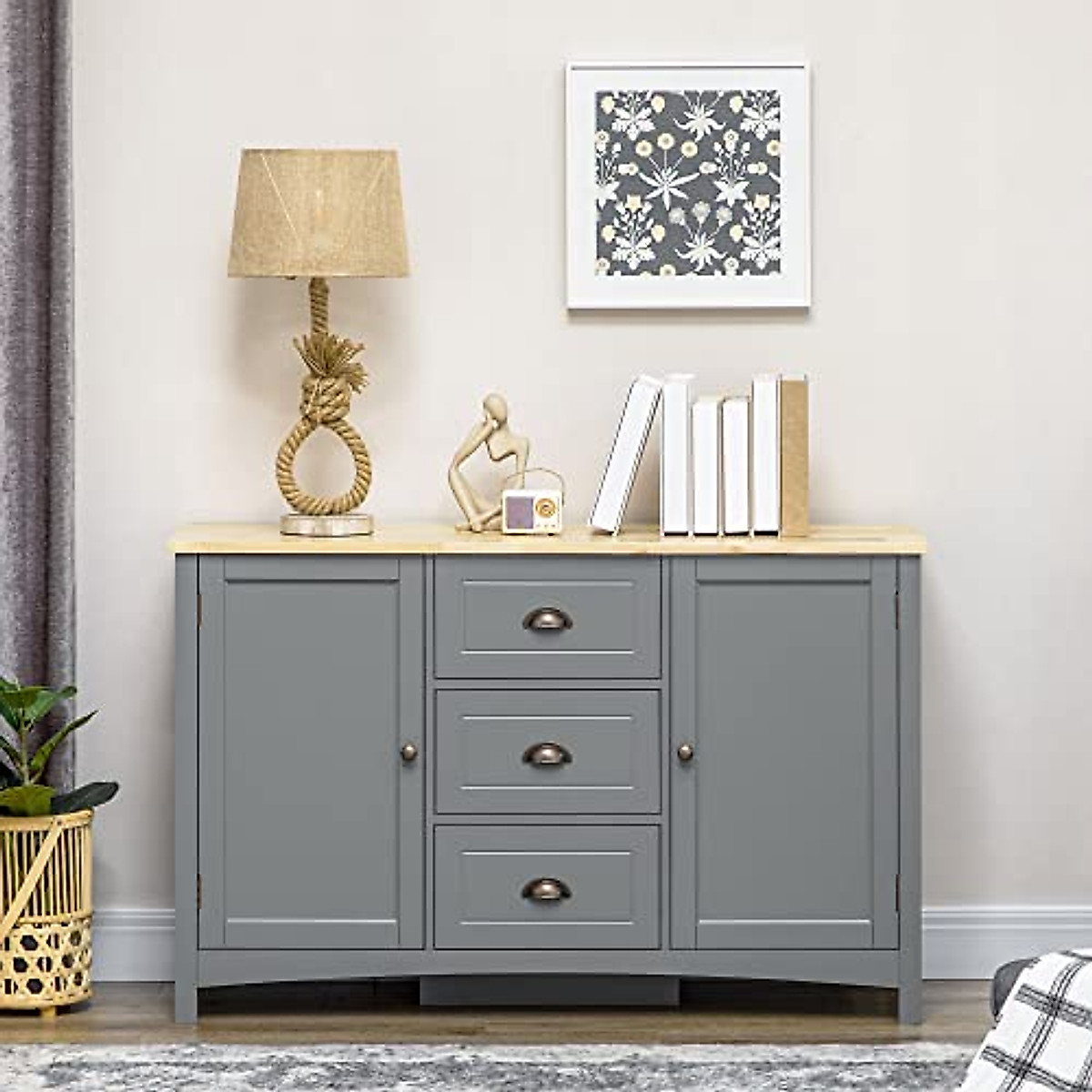 HOMCOM Buffet Cabinet with 3 Storage Drawers and Adjustable Shelves, 2 Door Sideboard with Rubber Wood Top, Coffee Bar for Living Room, Entryway, Grey