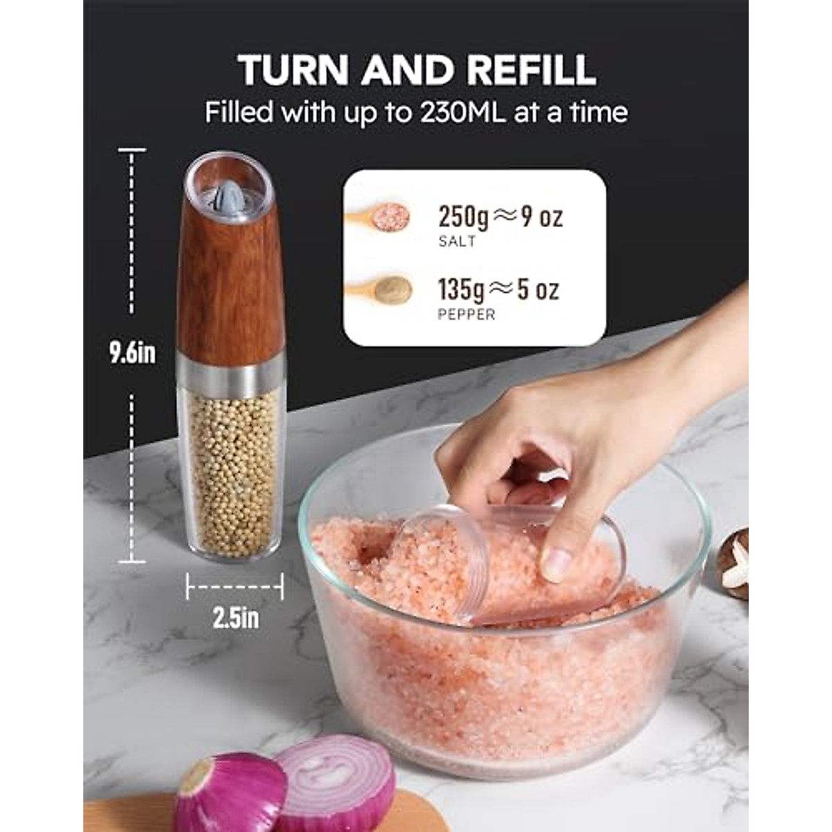 FORLIM Upgraded 9 Oz Capacity Gravity Electric Salt and Pepper Grinder Set, Battery Powered One Hand Operation Refillable Automatic Pepper Grinder Adjustable Coarseness(Wood grain)