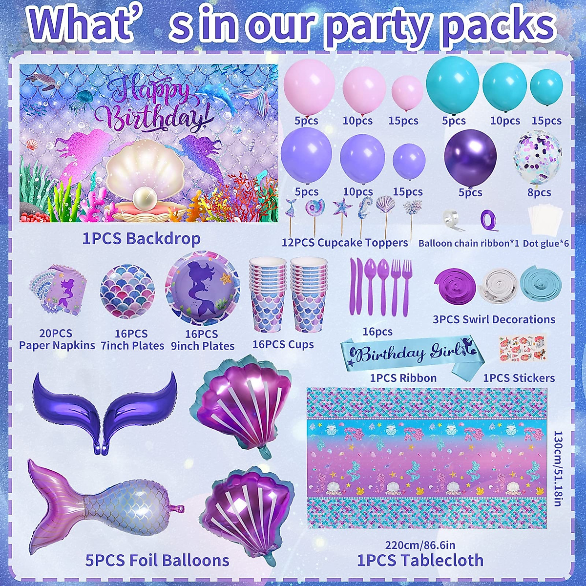 Freechase Mermaid Birthday Party Decorations - 345PCS Mermaid Birthday Theme Party Supplies Balloon Garland Kit, Happy Birthday Party Supplies with Dinnerware Banner Set for Boys Girl Kids -16 Guest