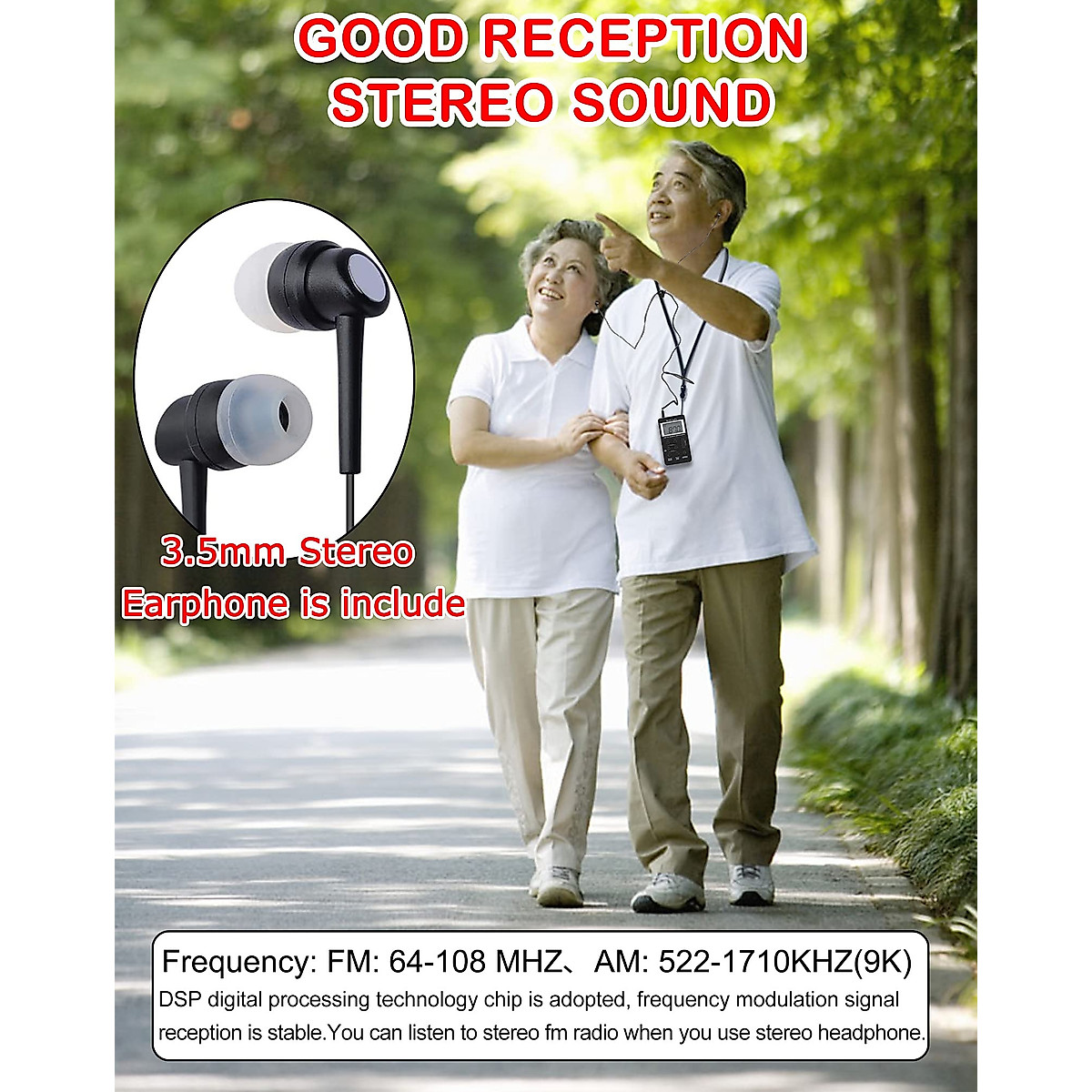 HanRongDa Portable Radio AM/FM Walkman with Excellent Reception and Stereo Sound, Pocket Radios with 58 Preset Stations, Built-in 500mAh Battery for Walking, Jogging, Mowing and Traveling HRD-103