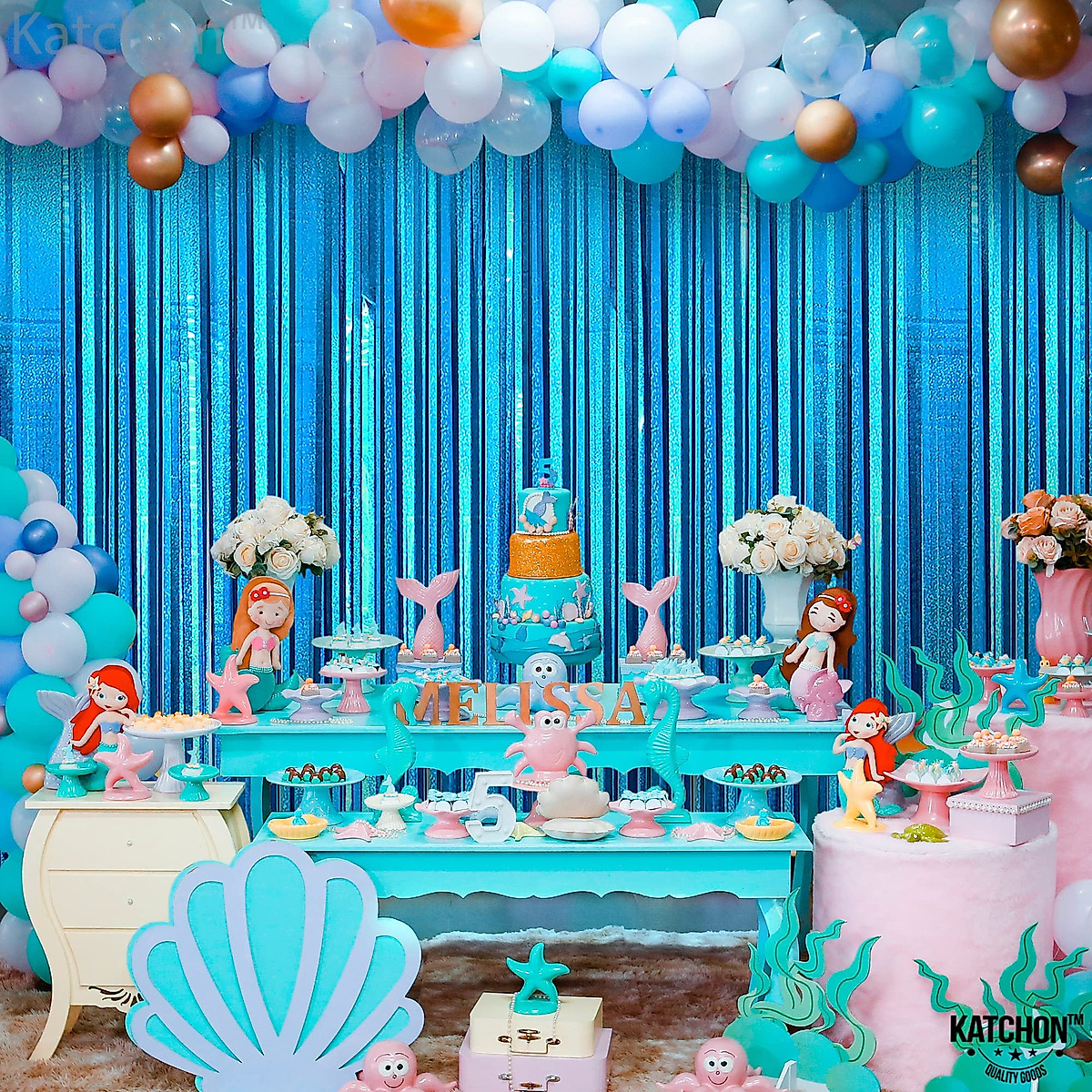 Katchon, Iridescent Blue Backdrop Curtain - 3.2x8 Feet, Pack of 2 | Iridescent Blue Streamers for Summer Party Decorations | Beach Party Decorations, Ocean Backdrop for Ocean Themed Party Decorations