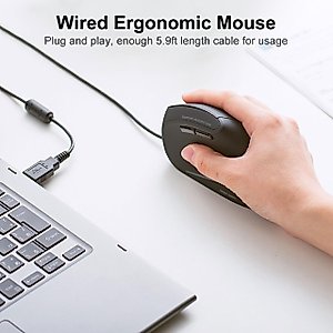 SANWA Wired Ergonomic Mouse, Optical Vertical Computer Mice, Silent Noiseless Click, Reduce Wrist Strain, (1000/1600 DPI, 6 Buttons) Compatible with MacBook, Laptop, Windows, Mac OS