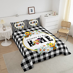 jejeloiu Cartoon Bee Comforter Set Twin Size Beehive Honeycomb Comforter Set for Boys Girls Children Black White Buffalo Check Bedding Set Room Decor Farmhouse Animals Duvet Set 2Pcs