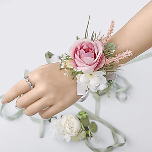 Campsis Set of 2 Wedding Bridal Handmade Flower Wrist Corsage Pink Ribbon Leaves Bride Wristlet Bridal Bridesmaid Hand Flower Prom Party Beach Photography