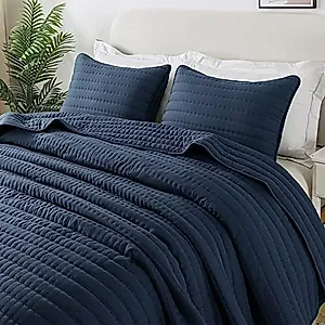 Navy Blue Queen Size Quilt Bedding Sets with Pillow Shams, Mustard Full Lightweight Soft Bedspread Coverlet, Quilted Blanket Thin Comforter Bed Cover for All Season, 3 Pieces, 90x90 inches