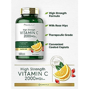 Vitamin C 2000mg | with Rose Hips | 150 Caplets | Vegetarian, Non-GMO, Gluten Free Supplement | by Carlyle