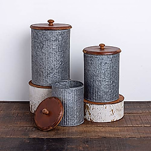 Primitives by Kathy Rustic Style Canisters, Set of 3, Galvanized Metal and Wood