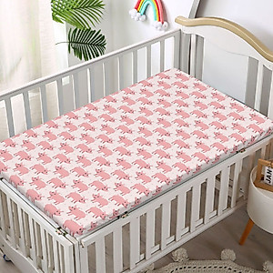 Pig Themed Fitted Mini Crib Sheets,Portable Mini Crib Sheets Soft and Breathable Bed Sheets-Crib Mattress Sheet or Toddler Bed Sheet,24“ x38“,Pale Pink and Rose