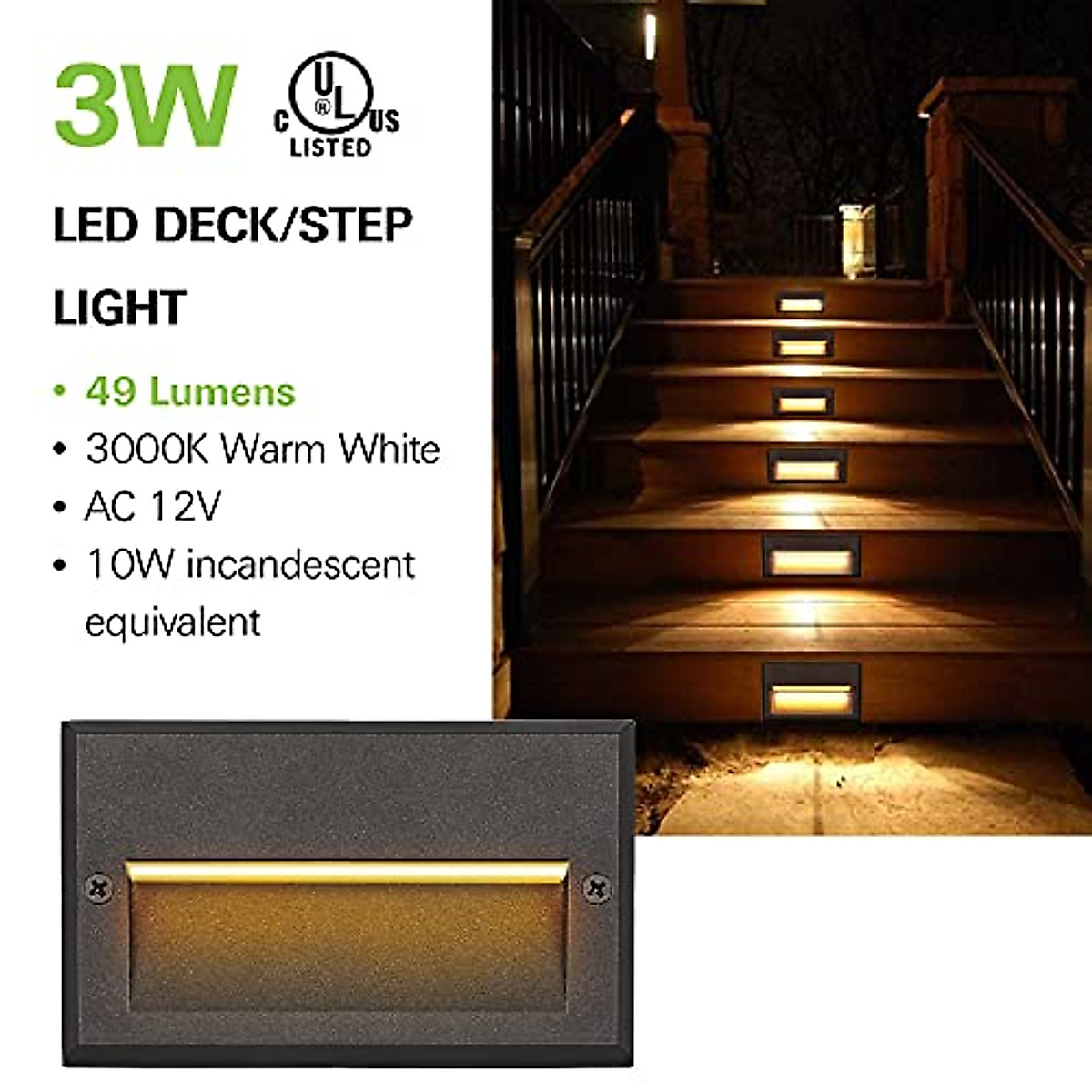 Hykolity Low Voltage LED Landscape Deck Light, 3W 49LM 12V Wired for Outdoor Yard Lawn Step and Stair Lighting, Die-cast Aluminum Construction, 10-Watt Equivalent, 15-Year Lifespan, 6 Pack
