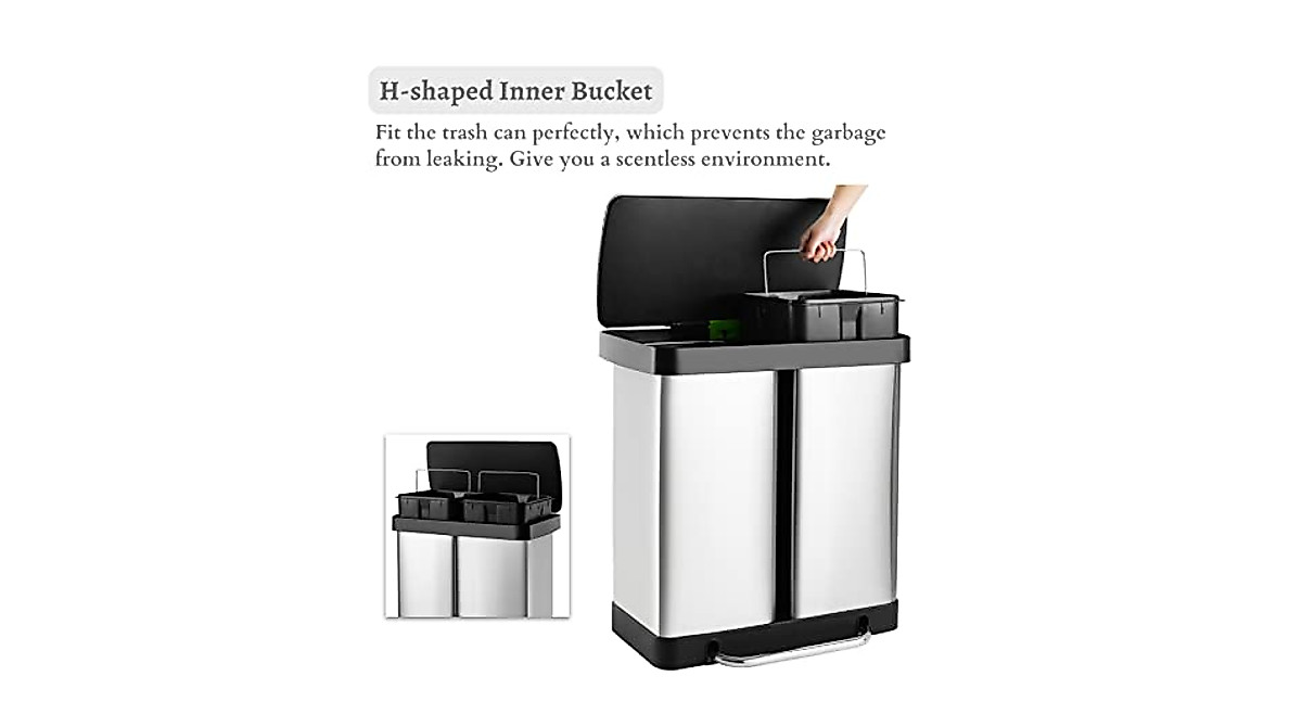 Arlopu 16 Gallon Dual Trash Can, 60L Stainless Steel Kitchen Garbage ...