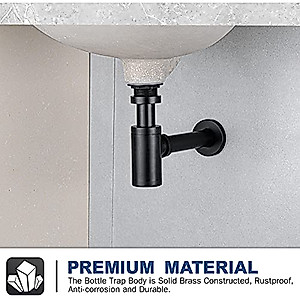 HANEBATH Brass Round Bottle P-Trap 1 1/4, Adjustable Bathroom Basin Sink Waste Trap Drain Kit, Matte Black