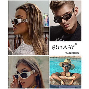 BUTABY Rectangle Sunglasses for Women Retro Driving Glasses 90’s Vintage Fashion Irregular Frame UV400 Protection Black & White