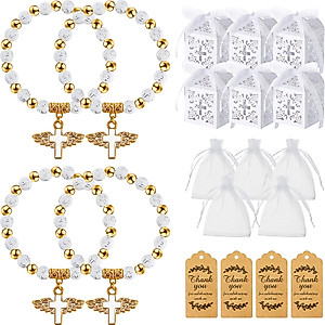 Henoyso 200 Pcs Baptism Favors Set Include 50 Pieces Angel Cross Rosary Bracelet 50 Baptism Favor Boxes with Ribbon 50 Thank You Tags 50 Organza Bags for Baby Shower Baptism Supplies(White, Gold)