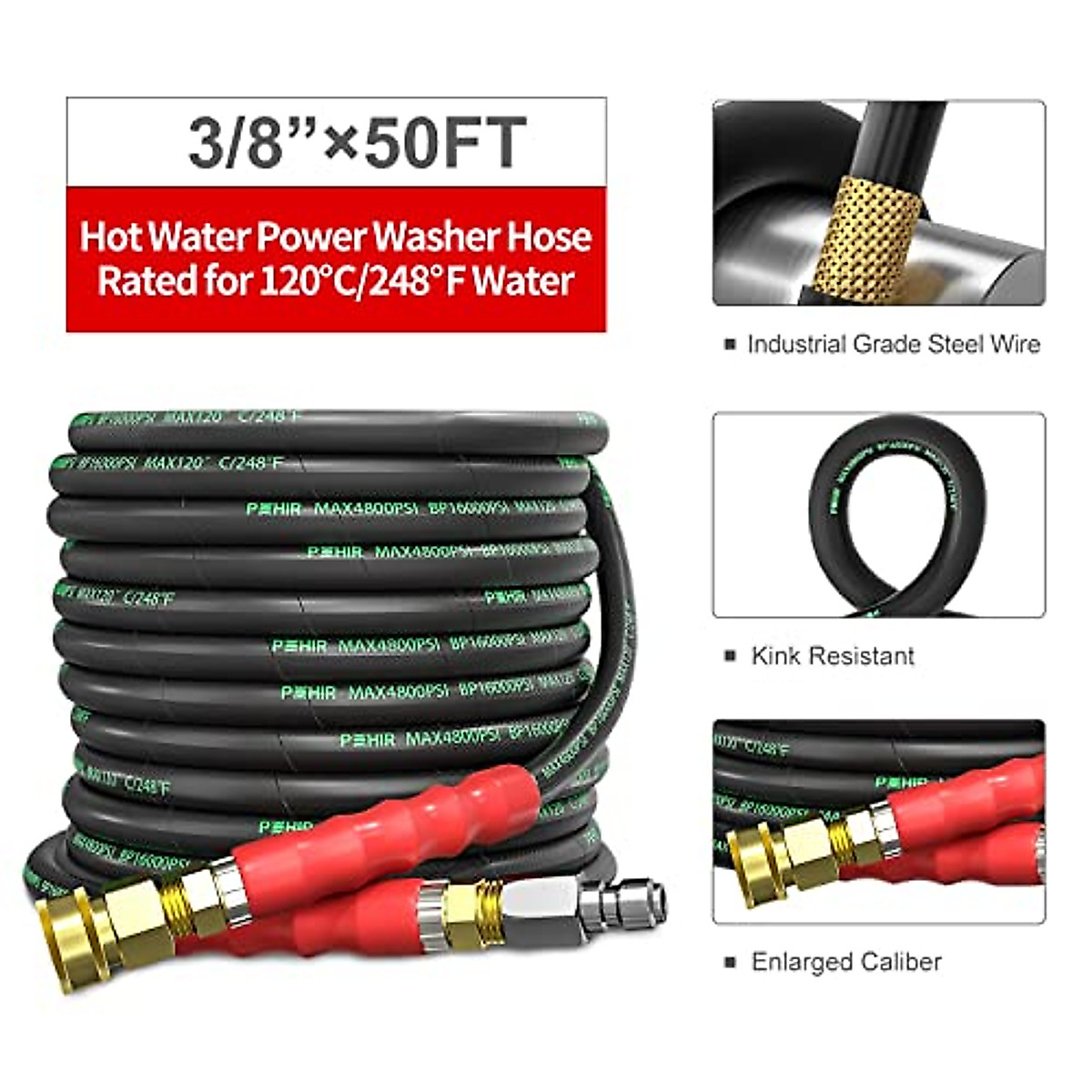POHIR 3/8" Pressure Washer Hose 50 FT for Cold and Hot Water Max 248°F with Quick Connect, 4800psi Kink Resistant Industry Grade Steel Wire Braided Synthetic Rubber Jacket with 2 M22 14mm Adapter Set
