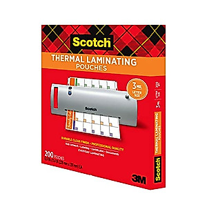 Scotch Thermal Laminating Pouches, 200 Pack Laminating Sheets, 3 Mil, 8.9 x 11.4 Inches, Education Supplies & Craft Supplies, For Use With Thermal Laminators, Letter Size Sheets (TP3854-200)
