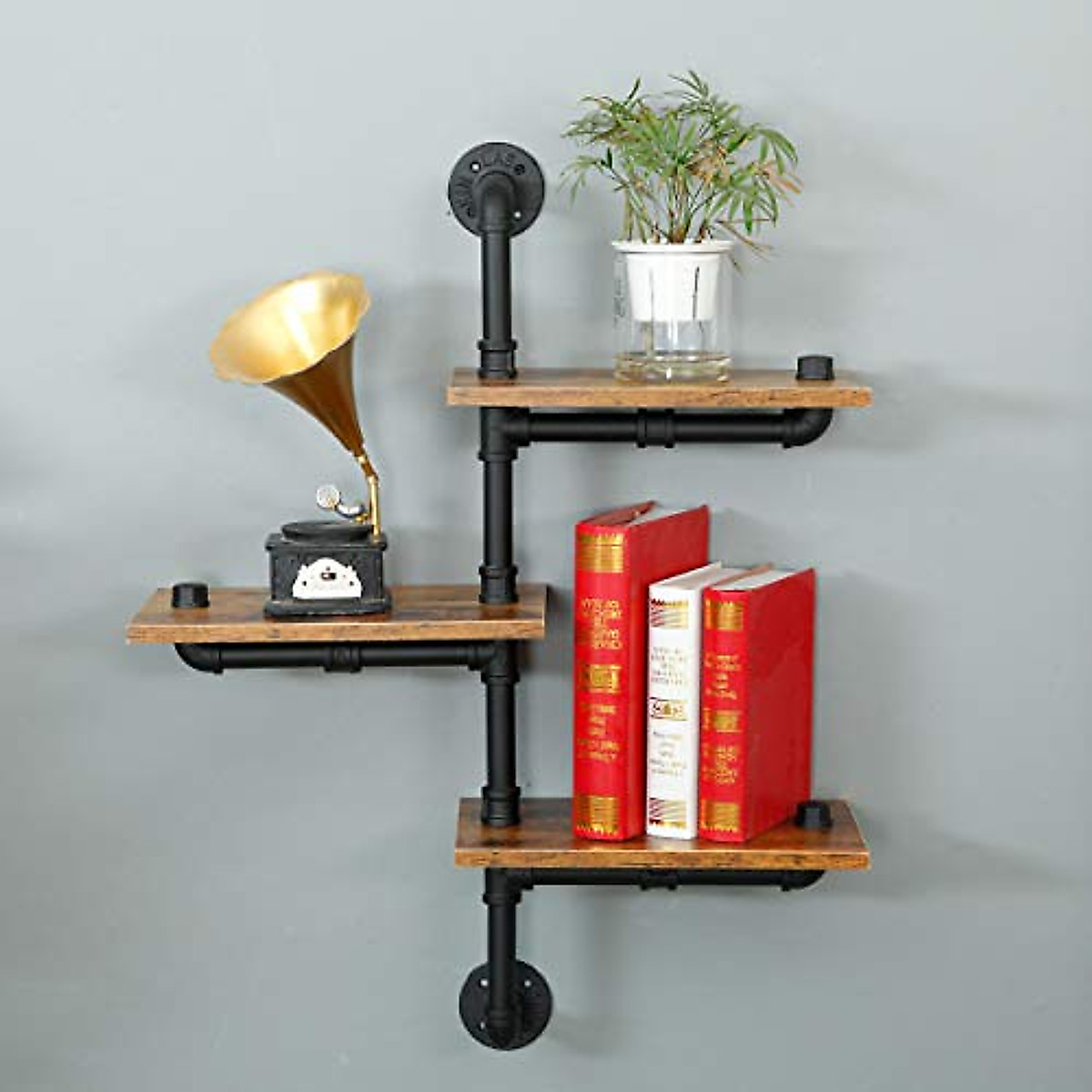 HEONITURE Industrial Pipe Shelving, Pipe Shelves with Wood Planks, Floating Shelves Wall Mounted, Retro Rustic Industrial Shelf for Bar Kitchen Living Room