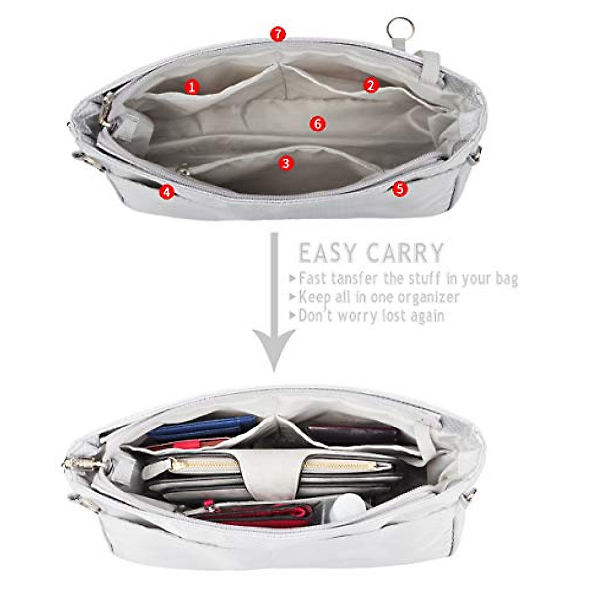 Vercord Expandable Nylon Handbag Purse Organizer Insert Liner Shaper Bag in Bag Beige Grey XLarge