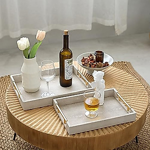 SwallowLiving Set of 2 Wood Serving Tray with Gold Polished Metal Handles Ivory Shagreen Decorative Tray PU Leather with Brushed Gold for Coffee Table Ottoman Console Table