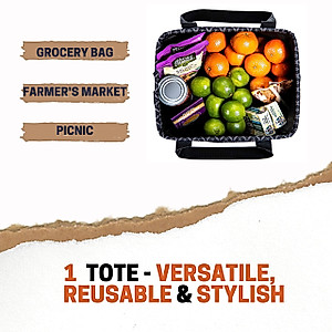 Pursetti Small Utility Tote Bag for Women with 4 Exterior Pockets - Perfect as Lunch Tote, Reusable Grocery Bags, Shopping Bags, Work Bag, Teacher Bag, and Nurse Bag (Black Trellis)