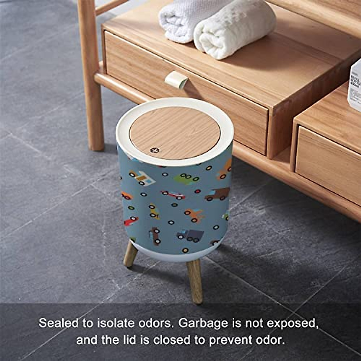 Trash Can with Lid Seamless with Cars and Trucks Simple Illustrations Nursery Room Press Cover Small Garbage Bin Round with Wooden Legs Waste Basket for Bathroom Kitchen Bedroom 7L/1.8 Gallon