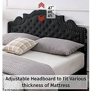 Full Upholstered Platform Bed Frame with 47" Tall Adjustable Headboard - Button Tufted Linen Bed - Wood Slat Support with Storage Space - No Box Spring Needed - Black - Oliver & Smith - Elizabeth