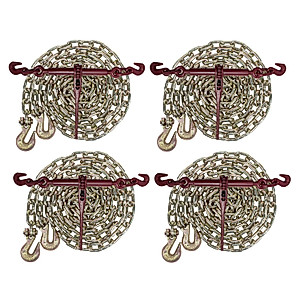 Mytee Products 5/16" Grade 70 Chain and Binder Kit | Includes (4) 5/16" - 3/8" Ratchet Load Binder & (4) 5/16" x 12' G70 Transport Chain w/Grab Hooks | 4700 lbs WLL for Flatbed Truck Trailer Tie Down