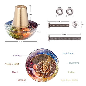 SUNYIK 4PCS 7 Chakra Ammonite Fossil Drawer Knobs with Screws, Round Crystal Stone Pull Handles for Cupboards Dressers Doors Wardrobes Furniture Home Decor