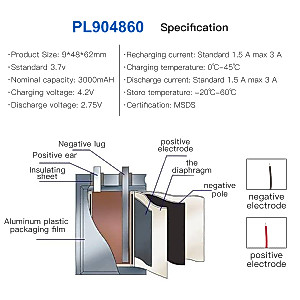 YTKavq 3.7v 3000mAh 904860Lithium Ion Polymer Battery Rechargeable Li-ion Battery Lipo Battery with PH2.0mm Connector