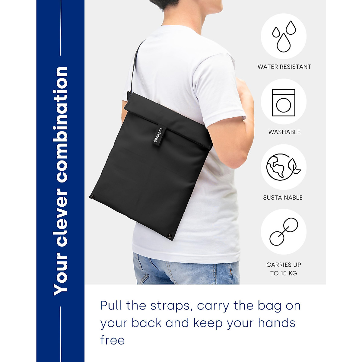 Notabag Crossbody bag (black) – All in one tote bag, handbag, fanny pack & belt bag – Innovative design made from recycled materials – Crossbody bag men and women – Versatile cross body bag