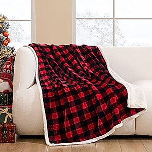 HBlife Sherpa Buffalo Plaid Christmas Throw Blanket for Couch 50X60 Inches, Super Cozy Fuzzy Fleece Warm Plush Holiday Decorative Cabin Blankets and Throws, Black and Red