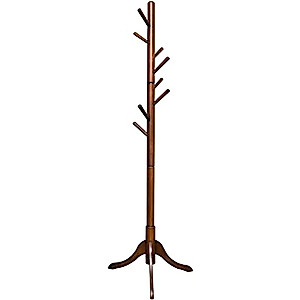 TinyTimes Wooden Coat Rack Free Standing, Sturdy Rustic Hall Tree Coat Tree Coat Hanger with 8 Hooks, for Coat, Hat, Clothes, Scarves, Handbags, Umbrella (Dark Brown)