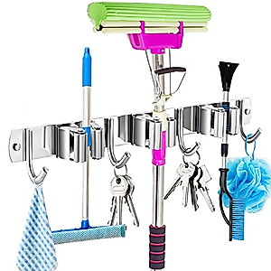 Nlmyt Mop and Broom Holder Wall Mount, Broom Organizer Wall Mount, Stainless Steel Mop Holder Storage, Broom Hook, Heavy Duty Broom Rack for Home, Garage, Garden, Laundry Room (3 Racks 4 Hooks)