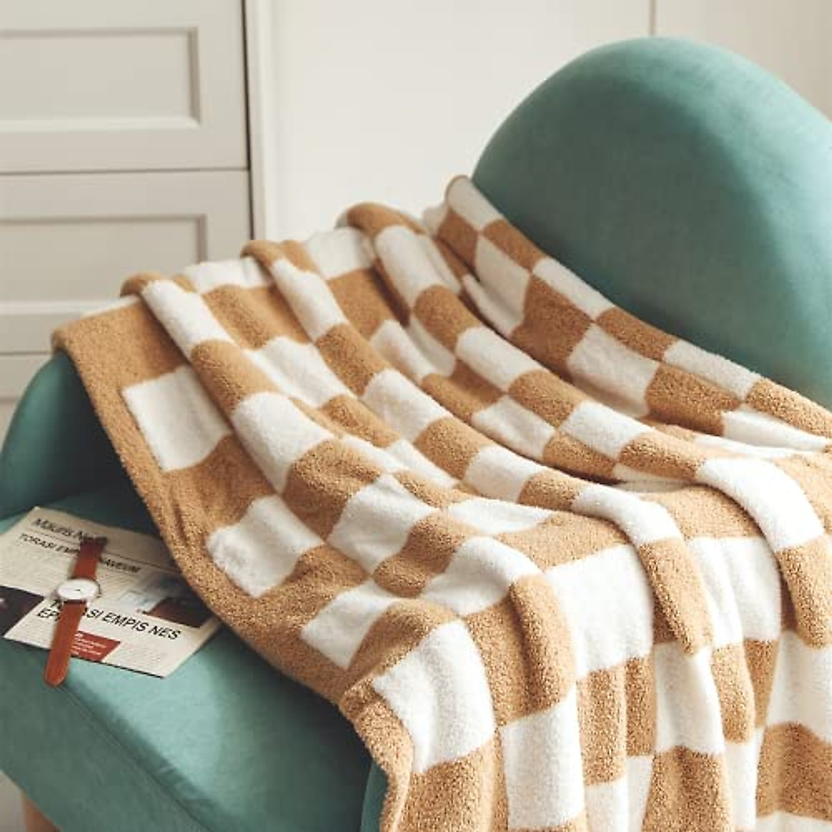 Khaki Checkered Throw Blanket Soft Warm Couch Blanket Reversible Plaid Checkerboard Grid Blanket for Bed Sofa 60"×79"