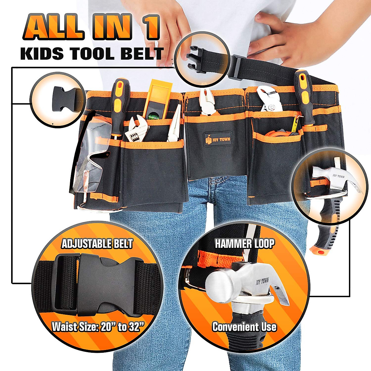 JoyTown Kids Real Tool Set - Junior Steel Forged Tool Kit for Children with Real Hand Tools, Kids Tool Belt, Portable Tool Bag, Perfect Learning Tools for Home DIY (Orange & Black)