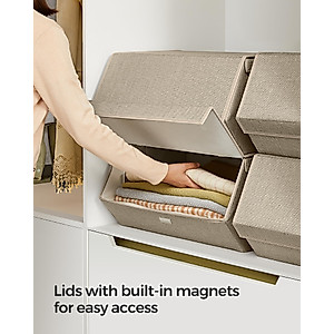 SONGMICS Set of 4 Stackable Storage Bins with Magnetic Closures, Fabric Storage Boxes with Lids, Storage Containers in Wardrobe Closet, Clothes Organizers, Sand Beige URLB022Y02