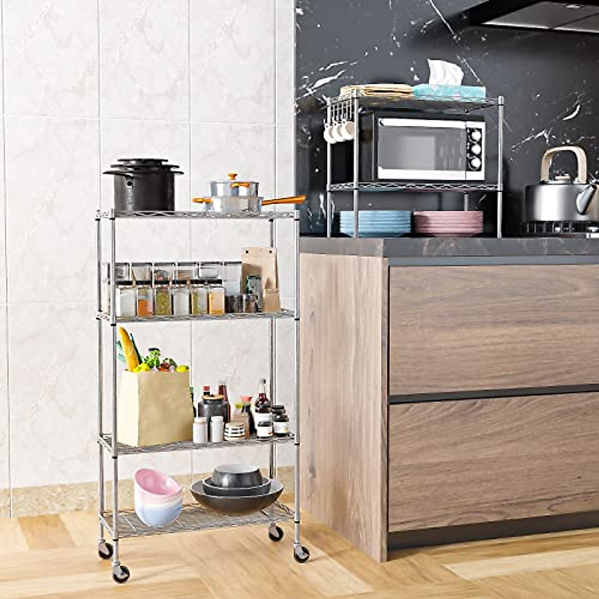 Himimi 6-Tier Wire Shelving Unit with Wheels, Height Adjustable, Heavy Duty Standing Storage Shelf with Hook for Bathroom Kitchen Garage Bedroom Silver Grey