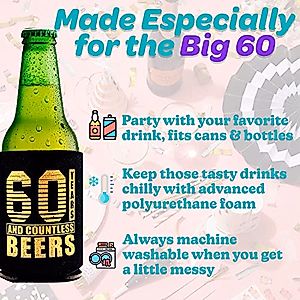 60th Birthday Decor and Party Favors, Beverage Sleeves Gift for Dad's 60th Birthday Party, Decorations and Party Supply, 60s Birthday Decorations for Men, 12-Pack, Black & Gold