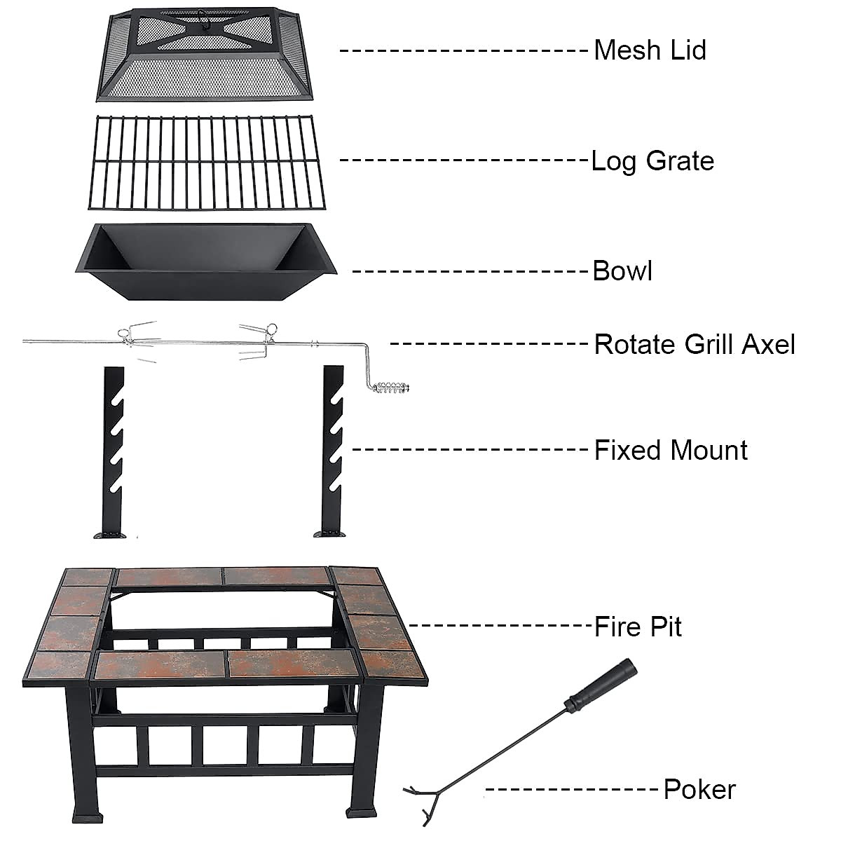 SINGLYFIRE 37 Inch Fire Pit Table with Grill for Outside Large Square Wood Burning firepit Heavy Duty Steel Bonfire Pit Cooking with Spark Screen Log Grate Poker for Backyard Garden Camping