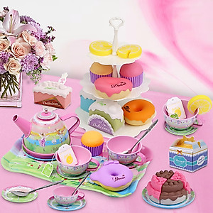 Tea Set for Little Girls,PRE-WORLD 50PCS Princess Tea Party Time Toy Including Dessert,Cookies,Doughnut,Teapot Tray Cake, Tablecloth & Carrying Case,Kids Kitchen Pretend Play for Girls Boys Age 3-6