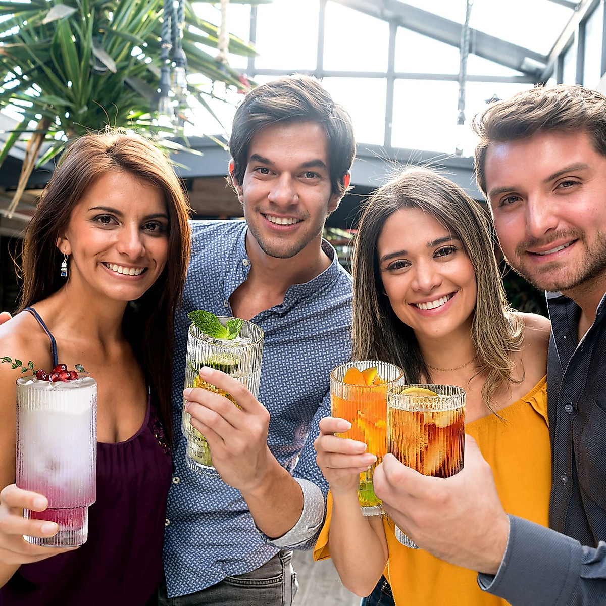 ASIZZED Ribbed Glassware with Straws Vintage Glass Cups 6pcs Set Reusable Wide Mouth Fluted Drinking Glasses 16oz Smoothie Cup Iced Coffee Cup with Clean Brushes for Beer Cocktail Bar Cart Accessories