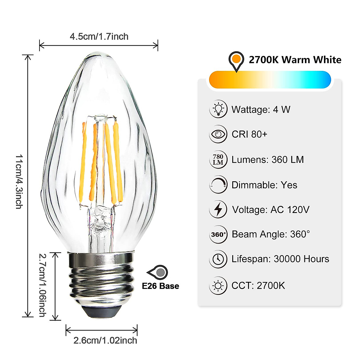 ROMANJOY F15 4W LED Light Bulbs, LED Porch Light Bulbs, E26 Medium Base, Dimmable 2700K Warm White LED Post Bulb 40w Equivalent, Outdoor Decorative Chandelier Lantern Lamp, 4-Pack…