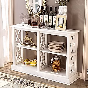 Livavege Console 3-Tier Open Storage, Narrow Sofa Entry Way w/Wood X-Shaped Frame, Entrance Tables for Small Space, Living Room, Entryway, Foyer, Hallway, Office, White