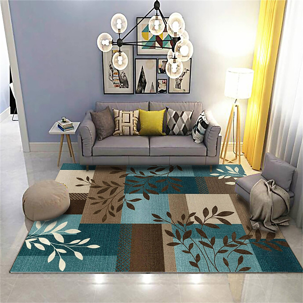 Houient Leaf Area Rug, 3x5ft, Modern Rustic Traditional Geometric Botanical Floral Leaves Print Design Patchwork Floor Mats for Bedroom, Nordic Style Blue Grey Non-Skid Rugs for Bedsides Hallway
