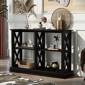 Knocbel 46.5in Entry Console Table with Open Shelves and X-Shaped Frame, Hallway Entryway Sofa Side 3-Tier Table