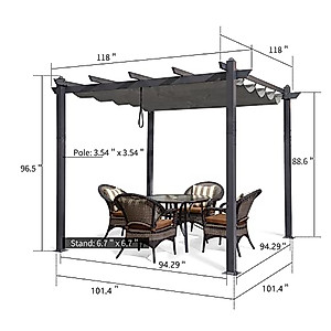 PURPLE LEAF 10'x10' Outdoor Retractable Pergola with Sun Shade Canopy Patio Metal Shelter for Porch Beach Pavilion Grill Gazebo Modern Backyard Grape Trellis Pergola, Gray