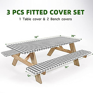UMINEUX Picnic Table Cover with Bench Covers Fitted Table Clothes for 6 Foot Rectangle Tables Vinyl Flannel Backing with Elastic Edge -for Outdoor/Indoor Party&Dining(30x72 Inch,3-Pieces, Gray Plaid)